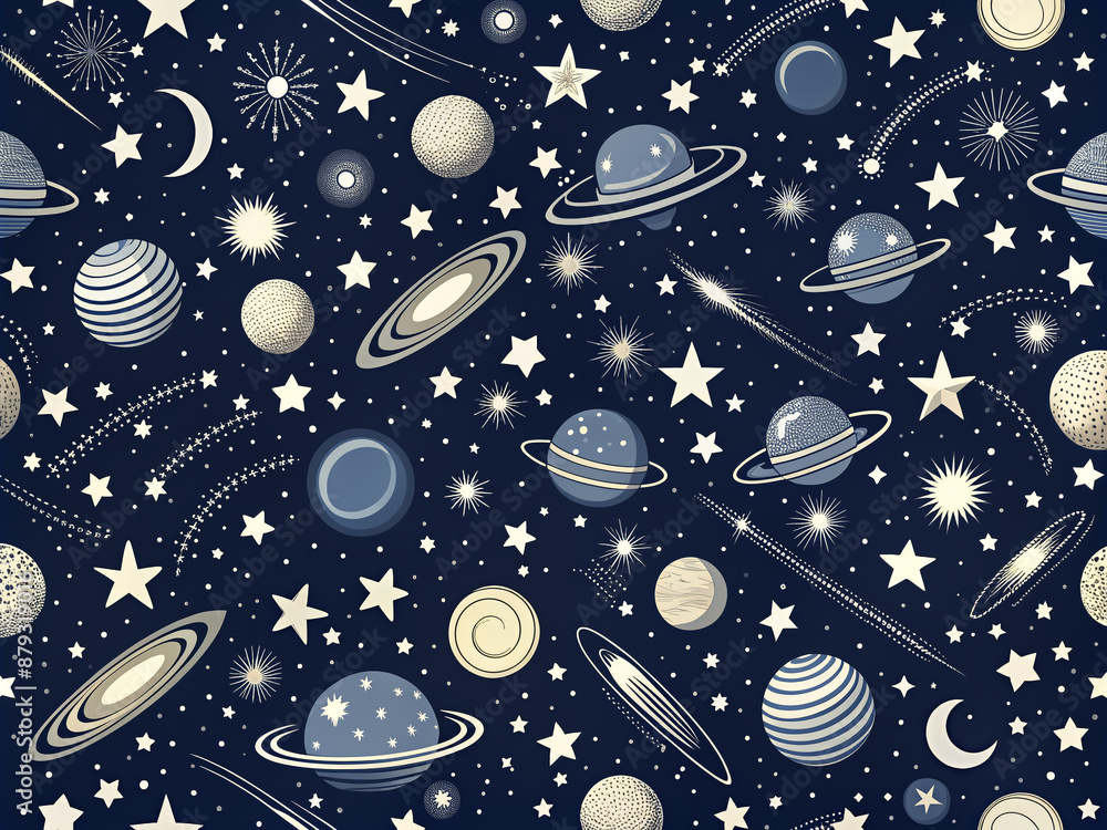 Navy background with multiple stylized galaxies featuring white ...