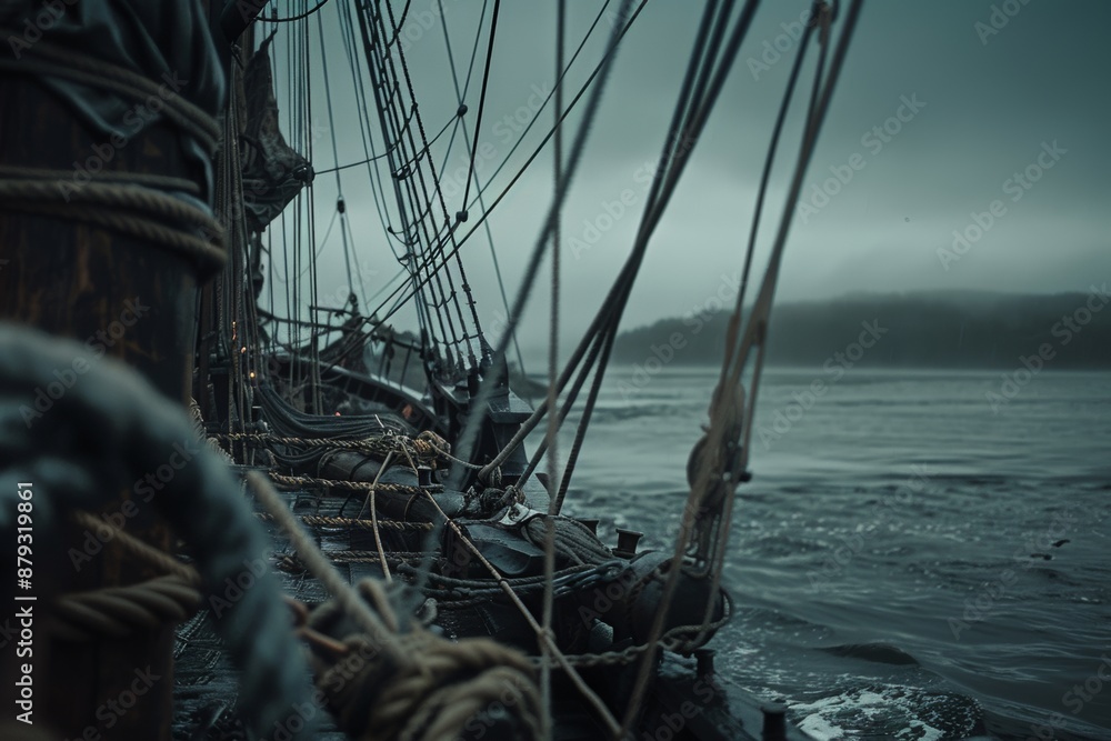 Moody view of old sailing ship's deck and rigging on stormy seas. Stock ...