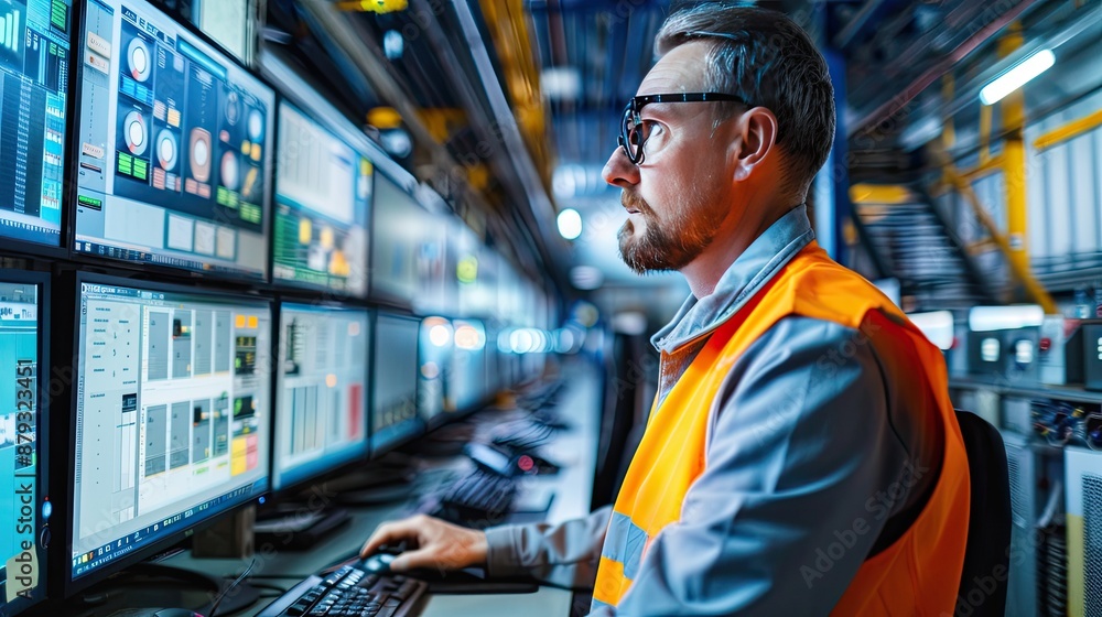An industrial engineer wearing an orange safety vest and glasses ...