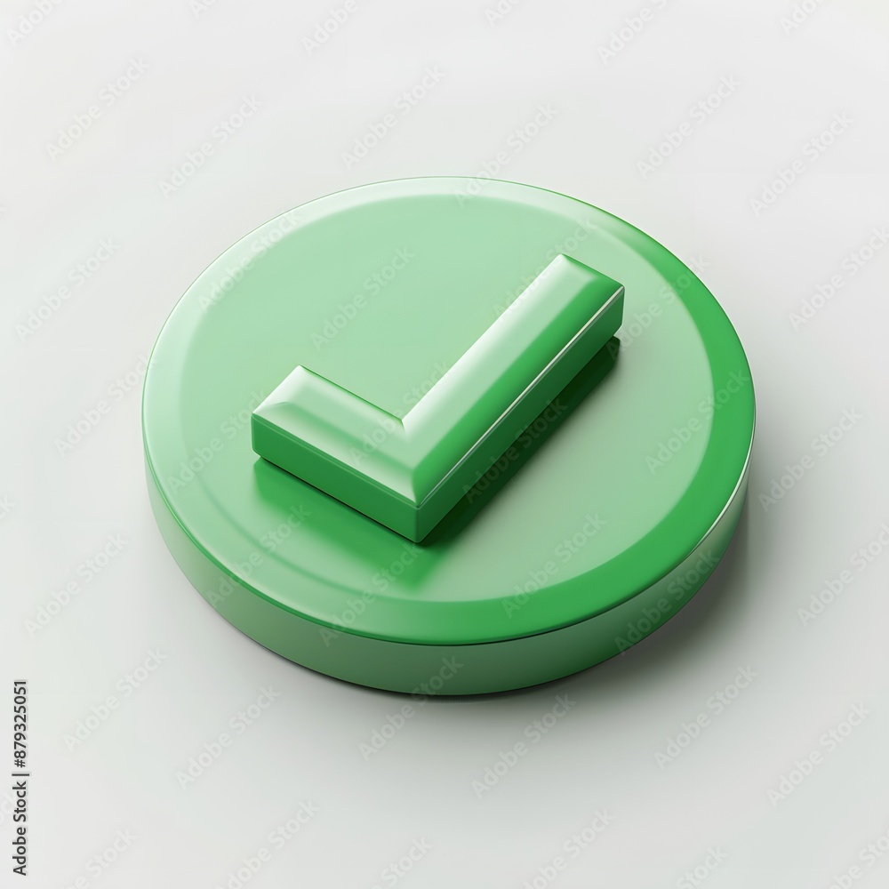 3D green checkmark on circular button isolated on light background ...
