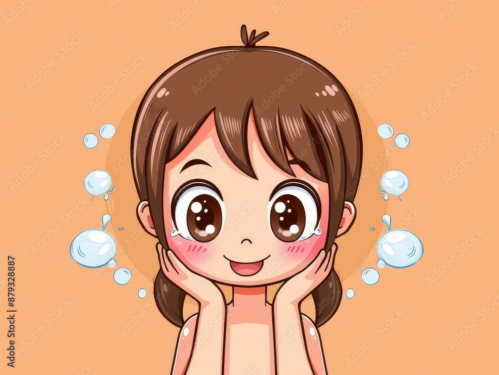Adorable manga girl washing her face with fresh water in a cute kawaii ...