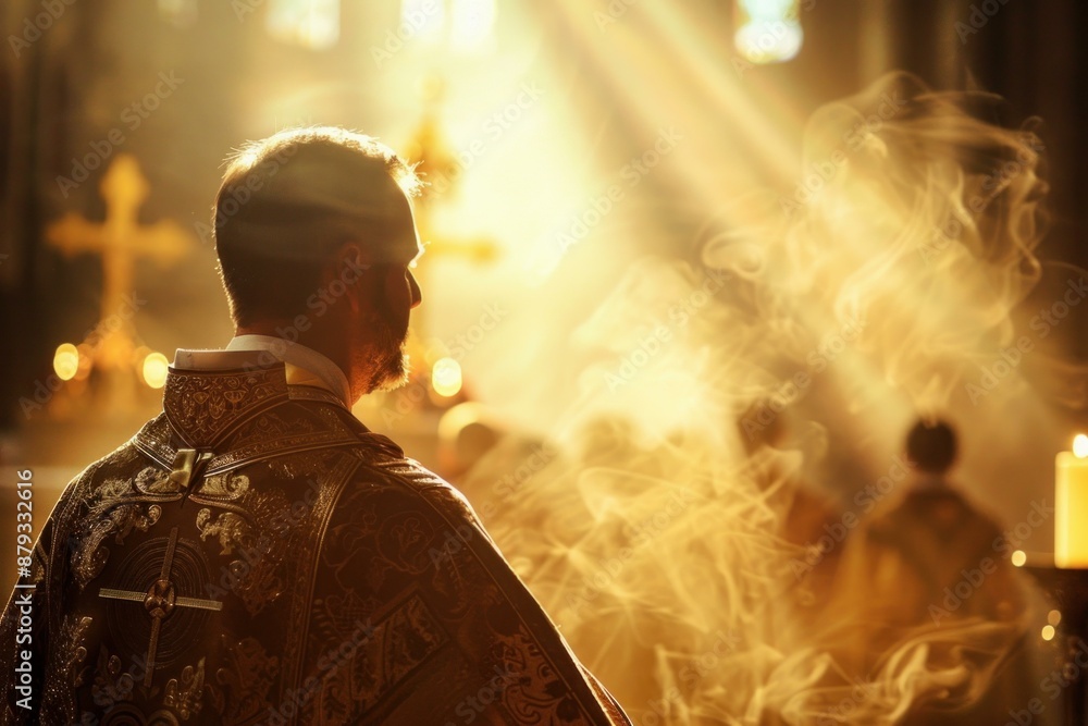 Catholic priest wearing a golden chasuble celebrating mass in a church ...