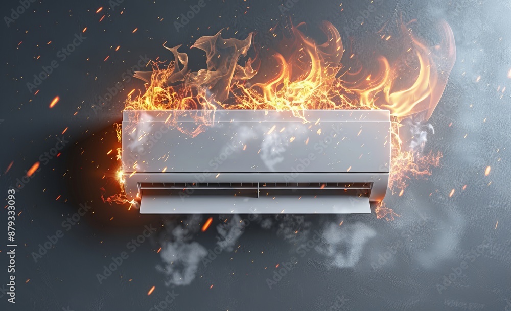 White air conditioner on the wall with burning flame, flames coming out ...