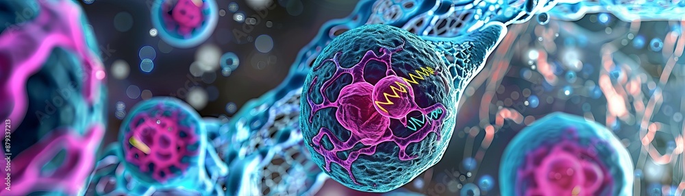 Microscopic view of cell membrane with highlighted genetic sequences ...