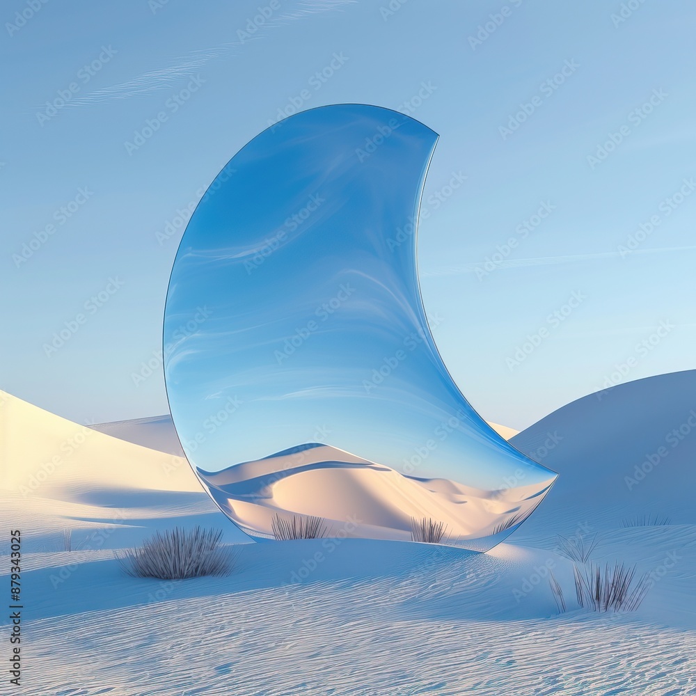Futuristic mirror-like sculpture reflecting desert dunes under a clear ...