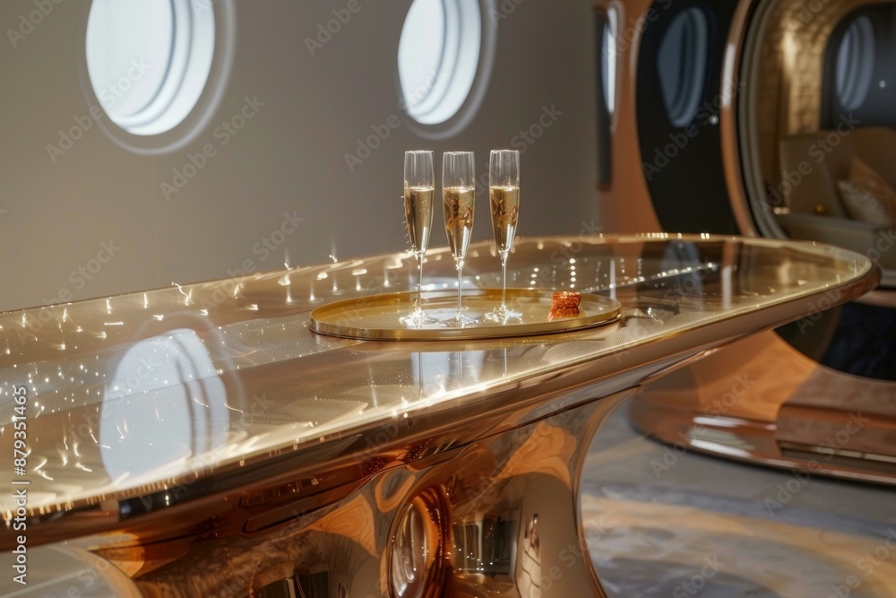 Three champagne flutes standing on a golden tray on a luxurious private ...