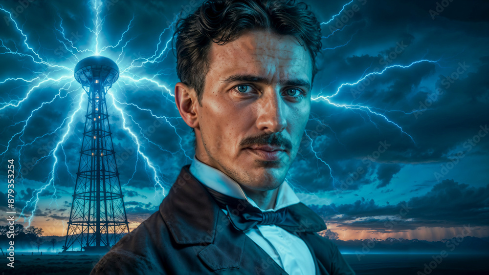 Nikola Tesla with his Tesla Tower radiating energy, with lightning ...
