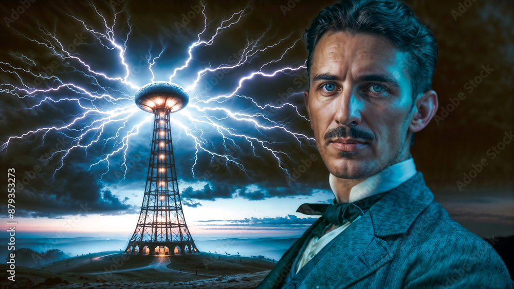 Nikola Tesla with his Tesla Tower radiating energy, with lightning ...