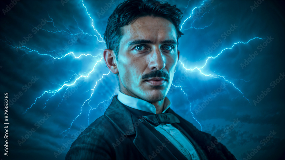 Portrait of Nikola Tesla with dramatic background of blue lightning ...