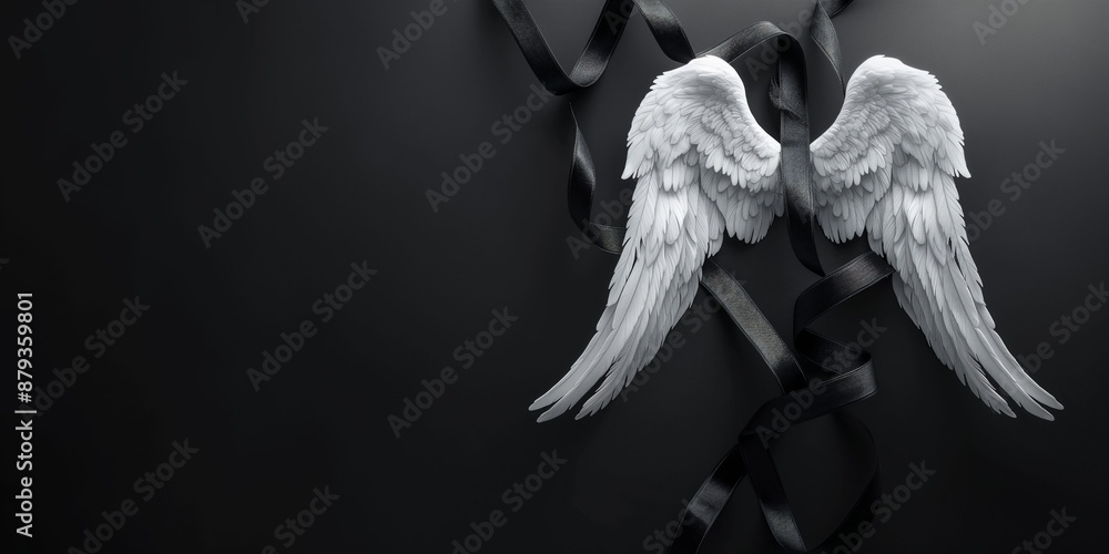 White wings on black ribbon background, representing loss and ...