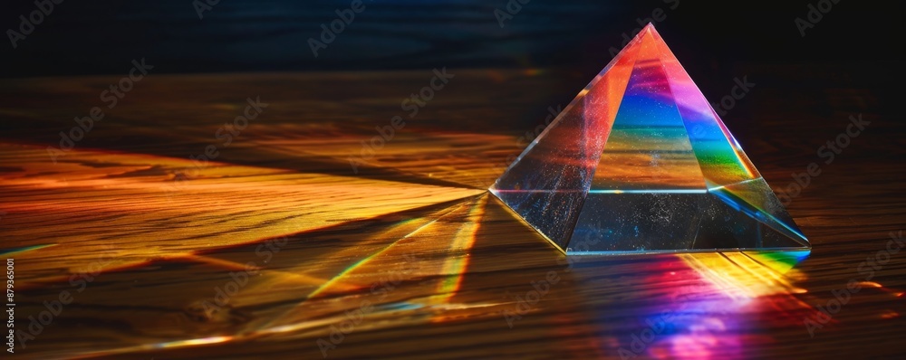 Glass pyramid is casting a rainbow of colors onto a wooden surface ...