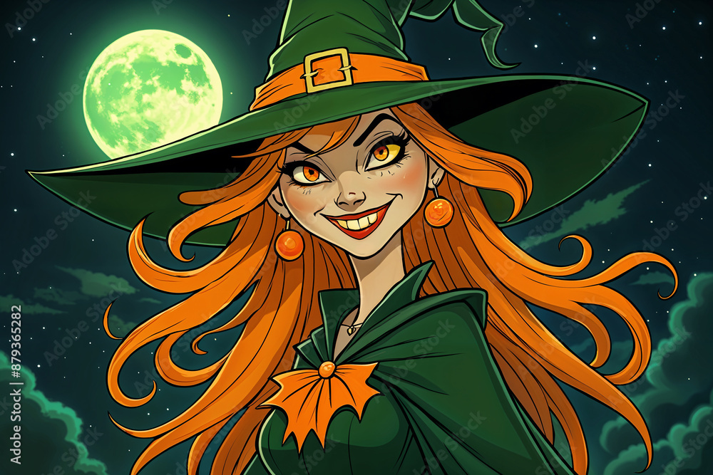 Cartoon female character dressed as a witch, standing against a night ...