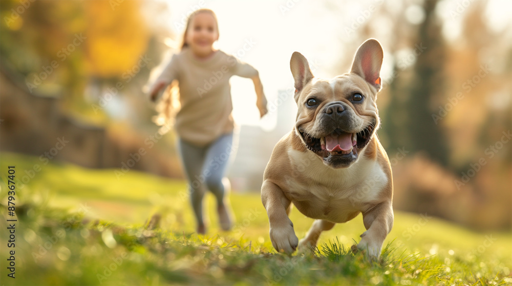Happy little girl chasing a French Bulldog in a sunny park, joyful ...