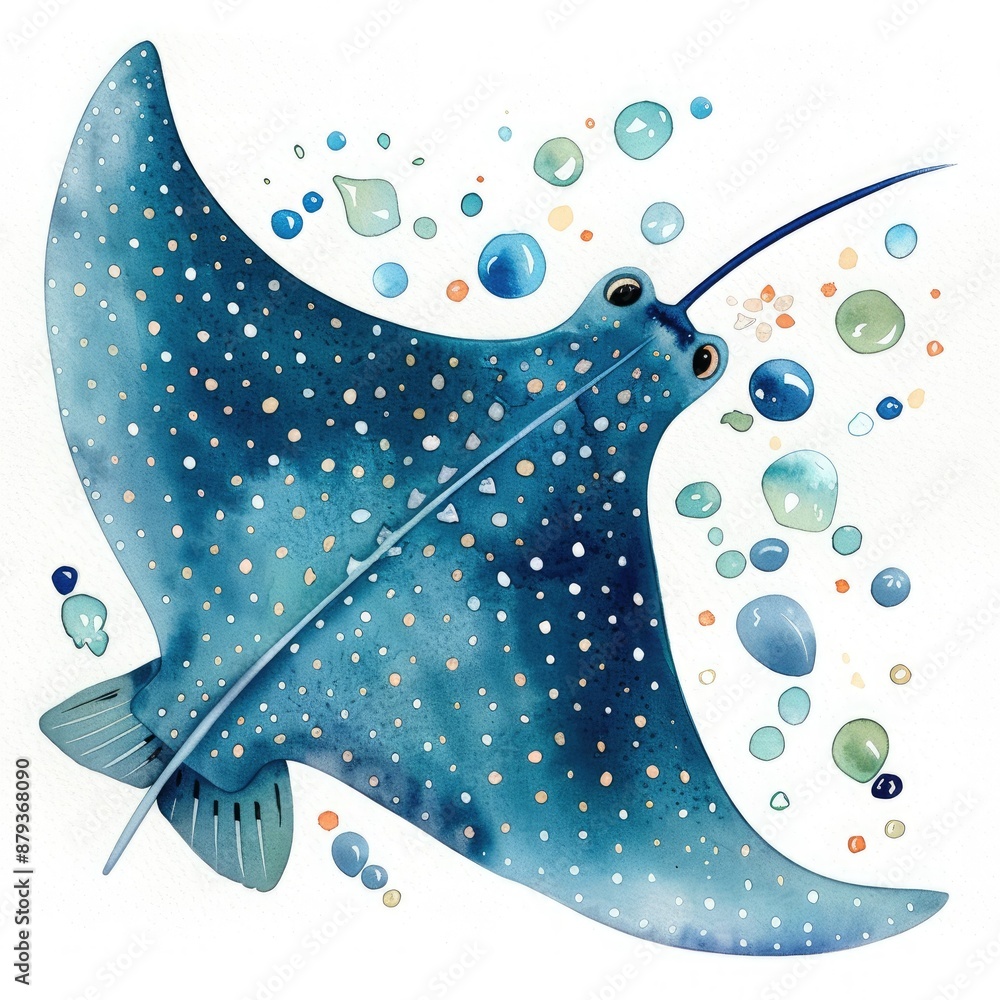 Colorful digital illustration of a spotted stingray swimming among ...