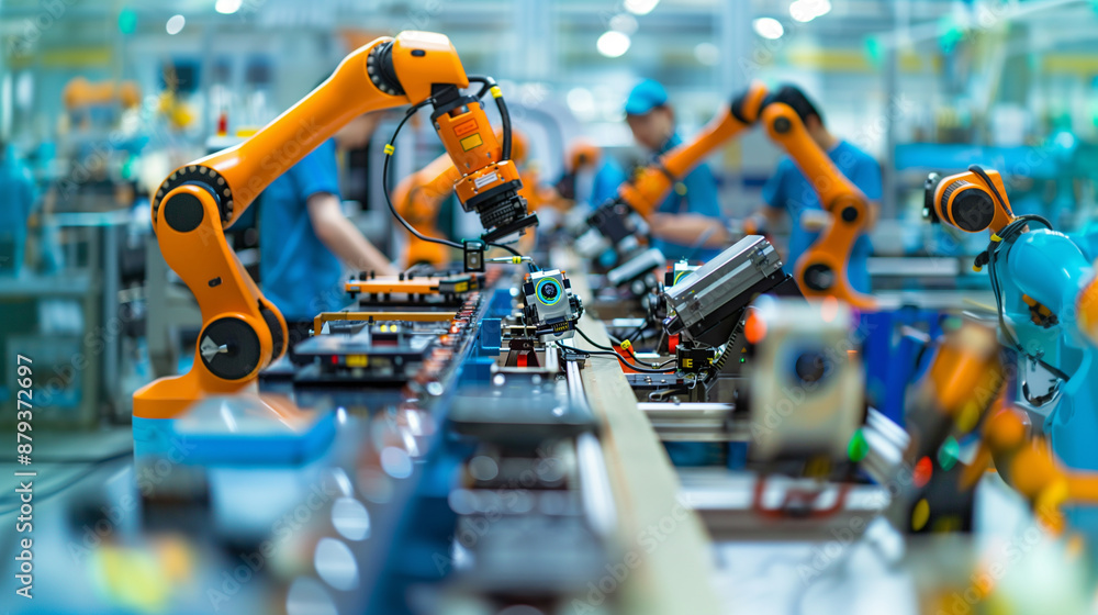 of a robotic assembly line producing high-tech gadgets, with employees ...