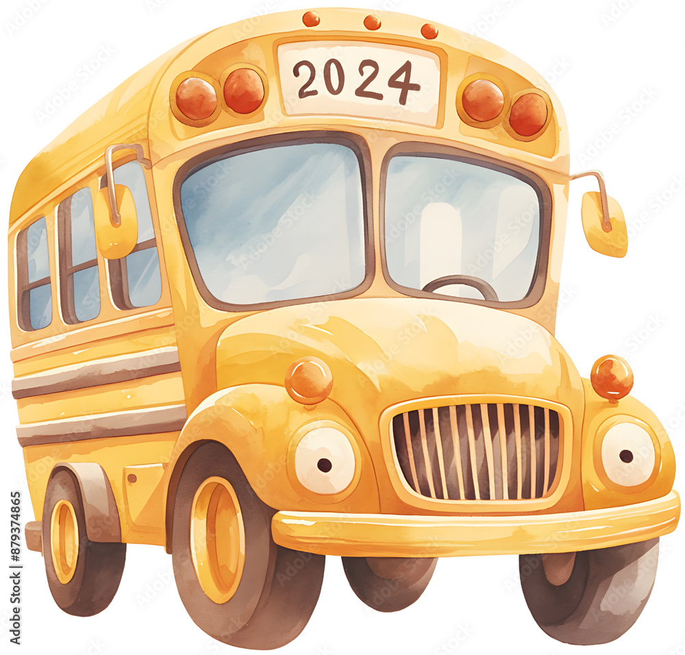 Cute cartoon watercolor illustration of a yellow school bus with the ...