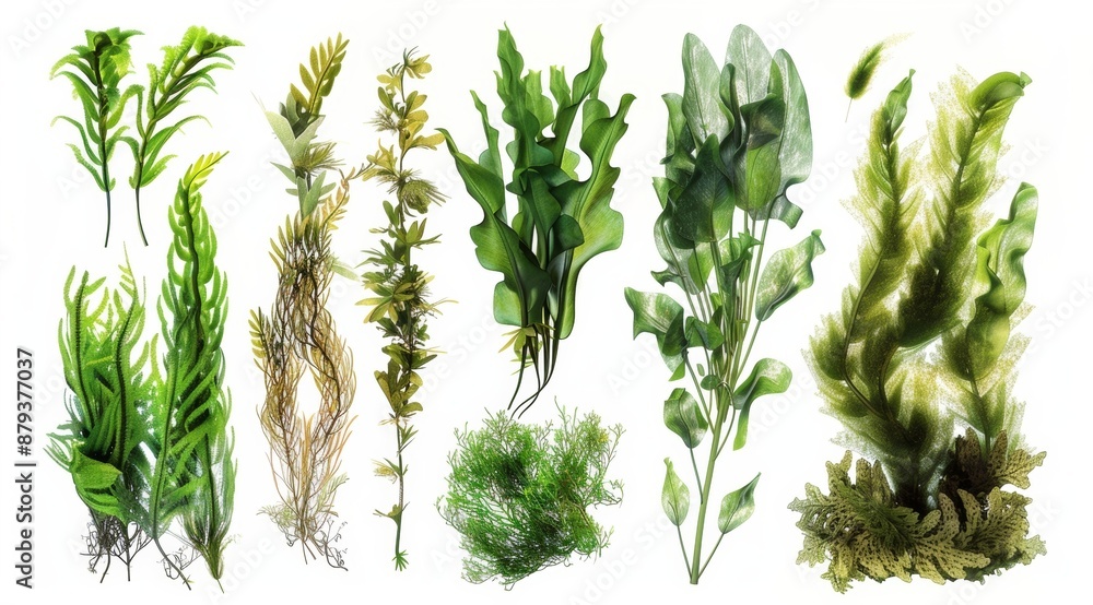 Collection of various types of green seaweed isolated on white ...