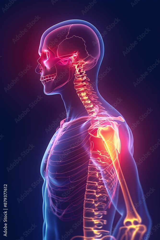 Digital illustration of an X-ray of the spine showing painful and ...