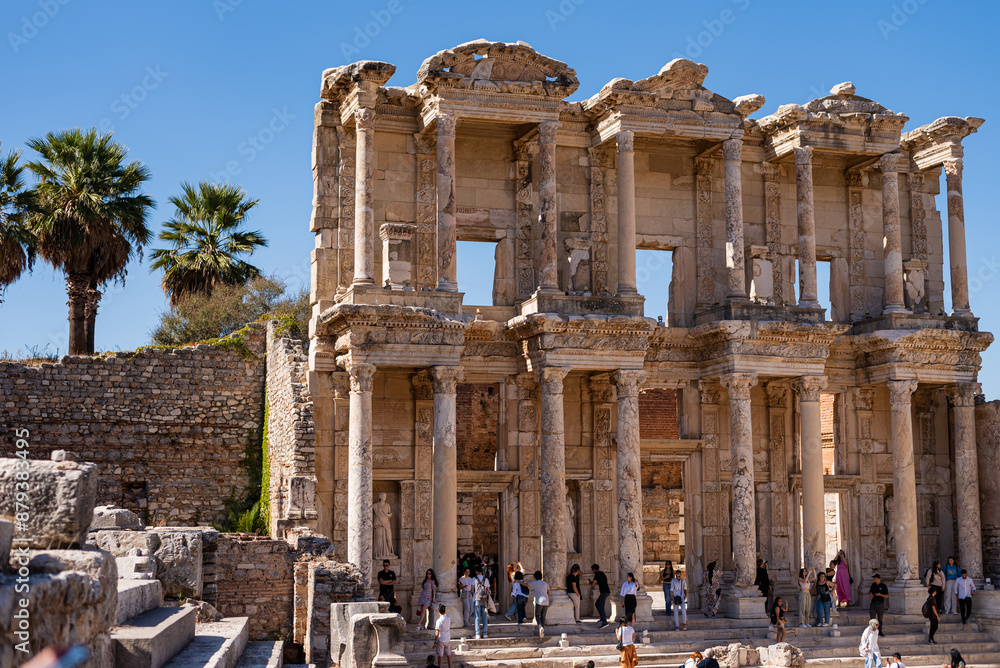 Celsus Library in ancient city Ephesus. Ancient greek inscriptions on ...