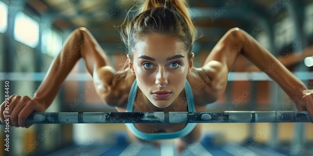Female gymnast transitions from low to high bar on uneven bars. Concept ...