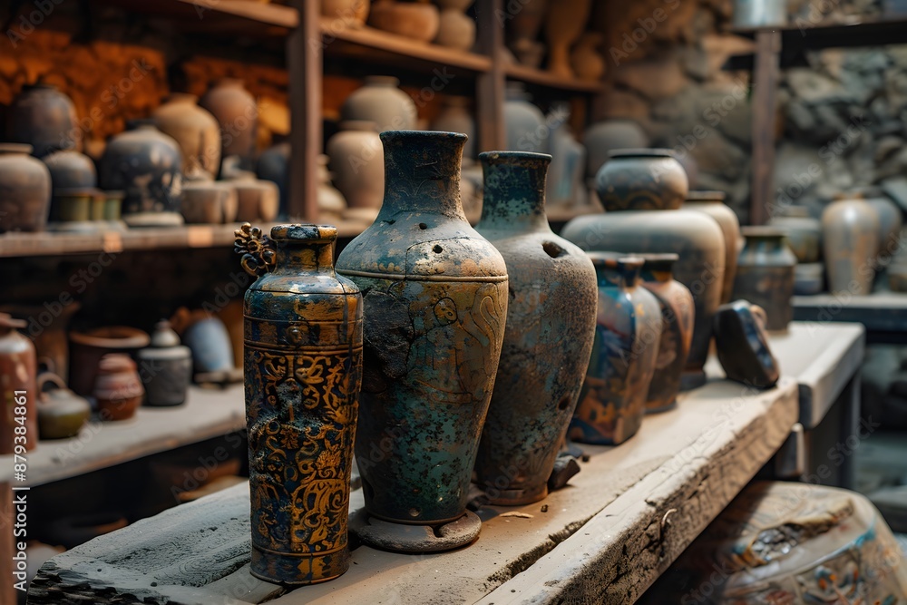 Bronze jars with various patterns excavated from various ancient ruins ...