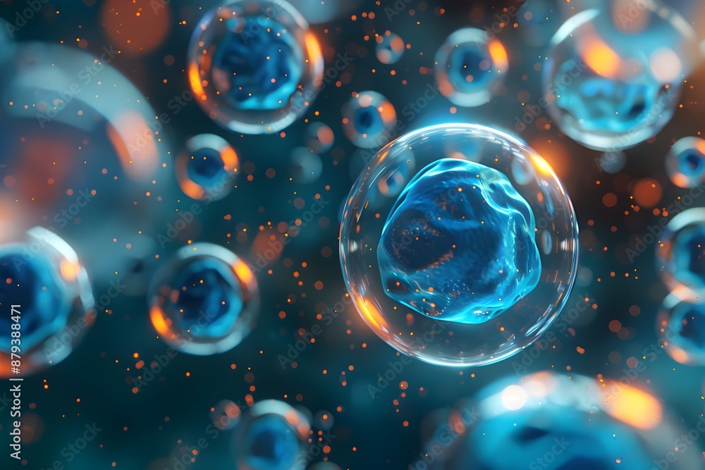 Microscopic View of Blue Cells with Glowing Particles Stock ...