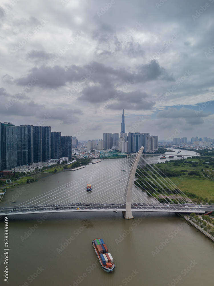 Container boats on Saigon River, Ho Chi Minh City, the financial ...
