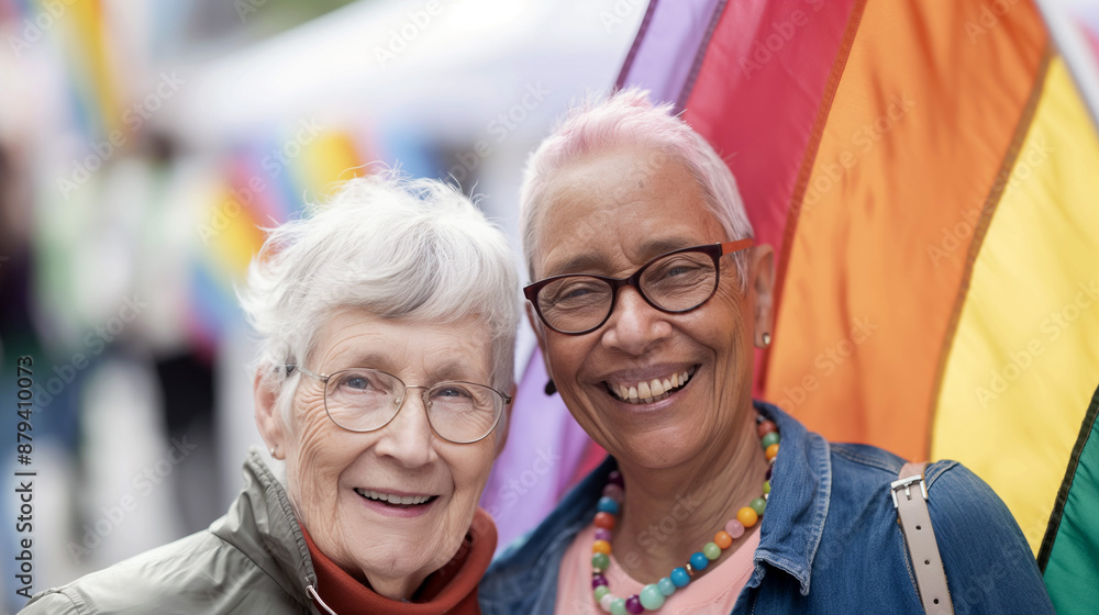 Happy old senior elder lesbian women couple with rainbow flag at a gay ...