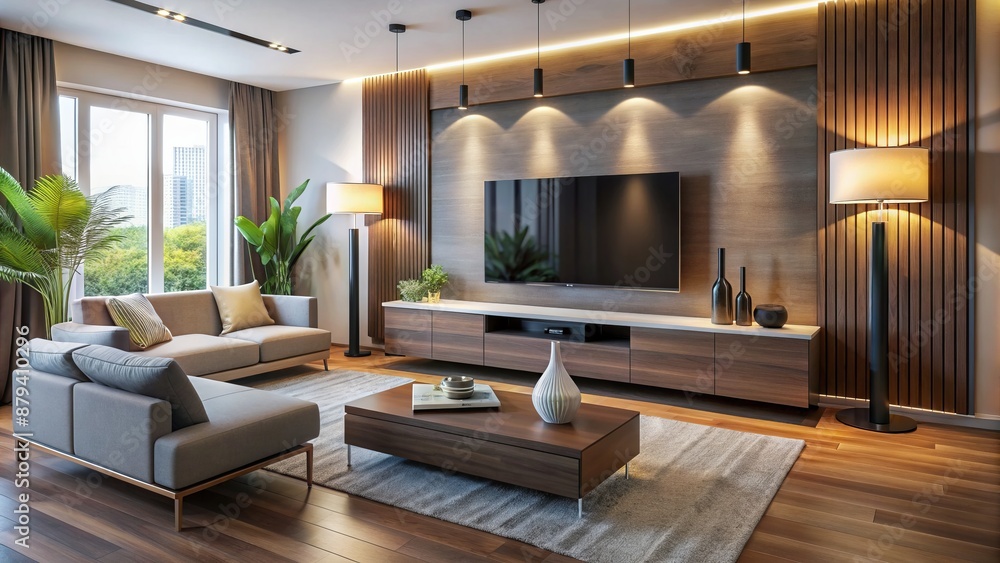 Modern living room with sleek television, soundbar, and table lamps ...