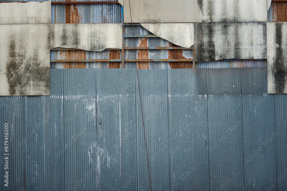 A wall with rusted metal panels and a blue background. The wall is ...
