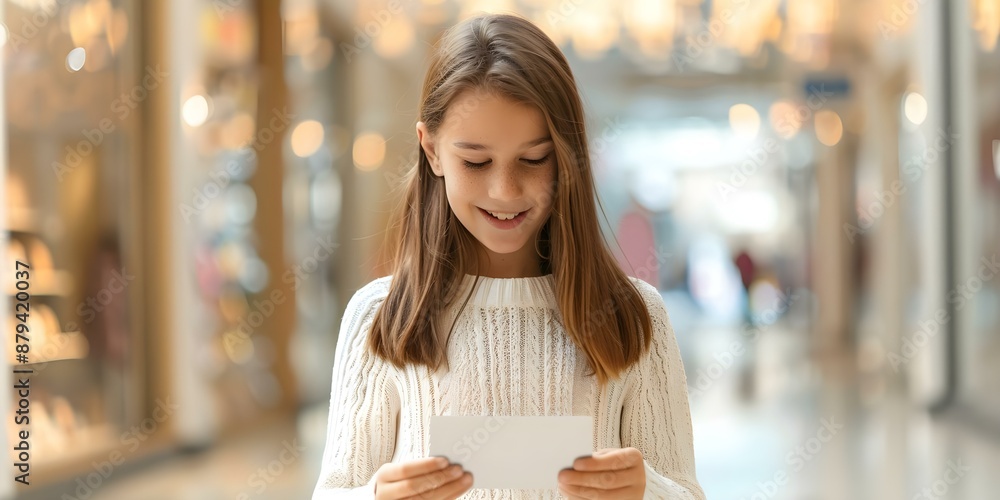 Teenage girl happily using credit card at mall Positive banking ...
