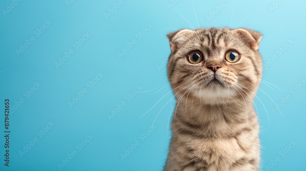 cat with shock sad expression eyes on isolated blue background with ...