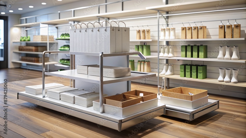 ภาพประกอบสต็อก Modern retail fixture featuring an empty product display ...