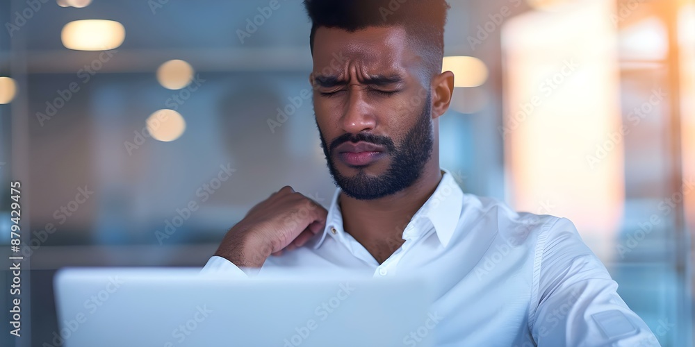 Man in office grimacing while touching shoulder and laptop, focusing on ...