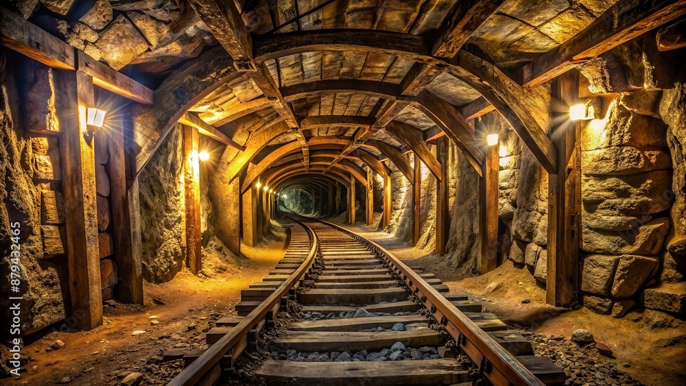 Foto de Dimly lit tunnel reveals rustic wooden beams, worn iron tracks ...