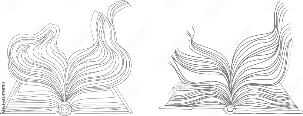 Ink drawing of an open book in continuous one-line form. Study and ...