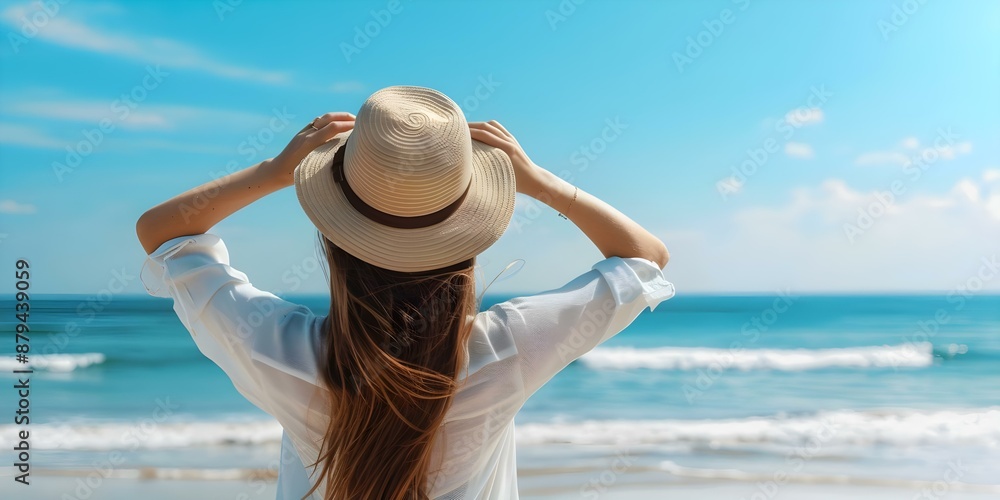 Young woman on beach with influencerstyle pose back view. Concept Beach ...