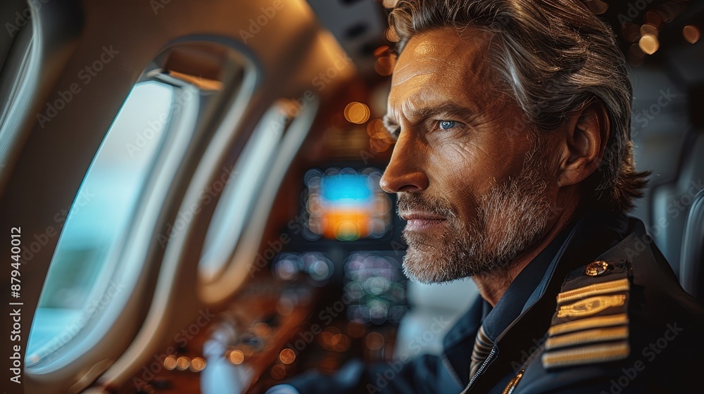 A pilot in uniform, sitting in the cockpit of an airplane during flight ...