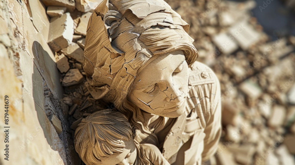 war concept Statue of a mother holding a child in a war-torn area, with ...