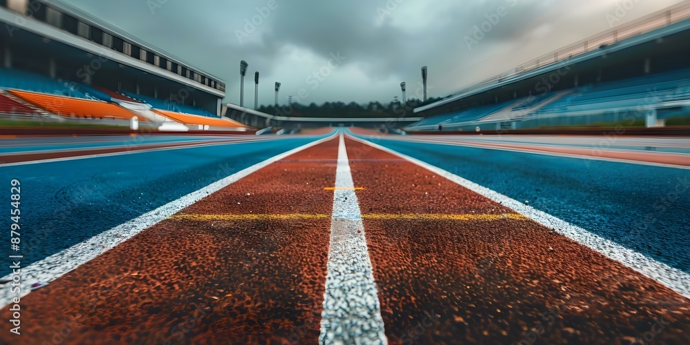 Front view of a racetrack with starting blocks at an athletics stadium ...