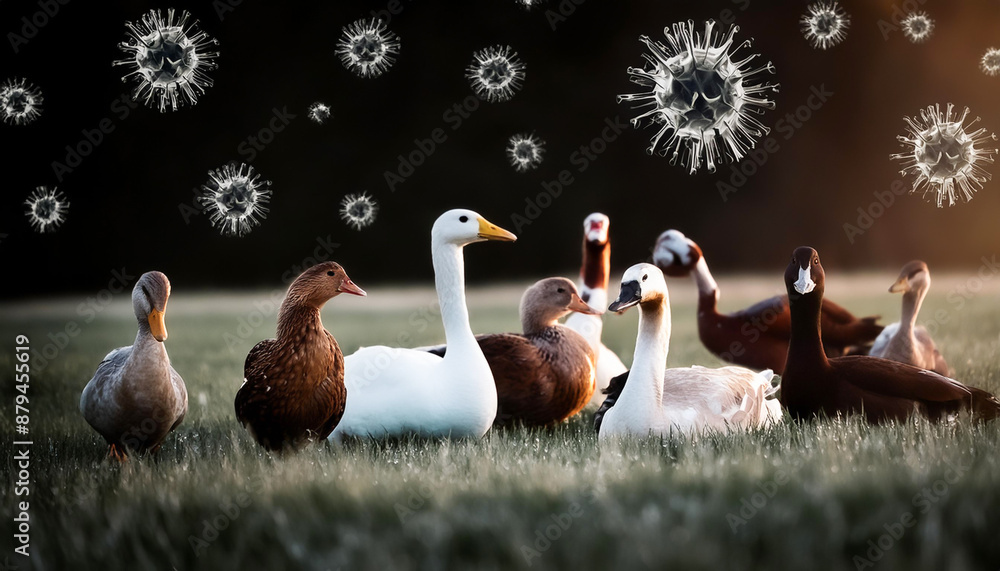 Virus and cow herd. H5N1 bird flu in cattle. Bird flu causes outbreaks ...