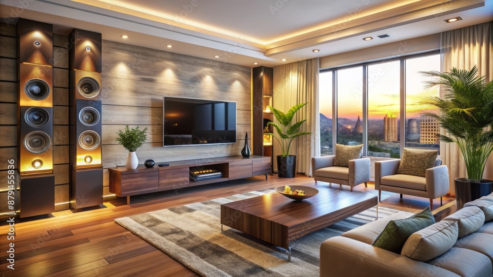 Sophisticated living room featuring large screen television paired with ...