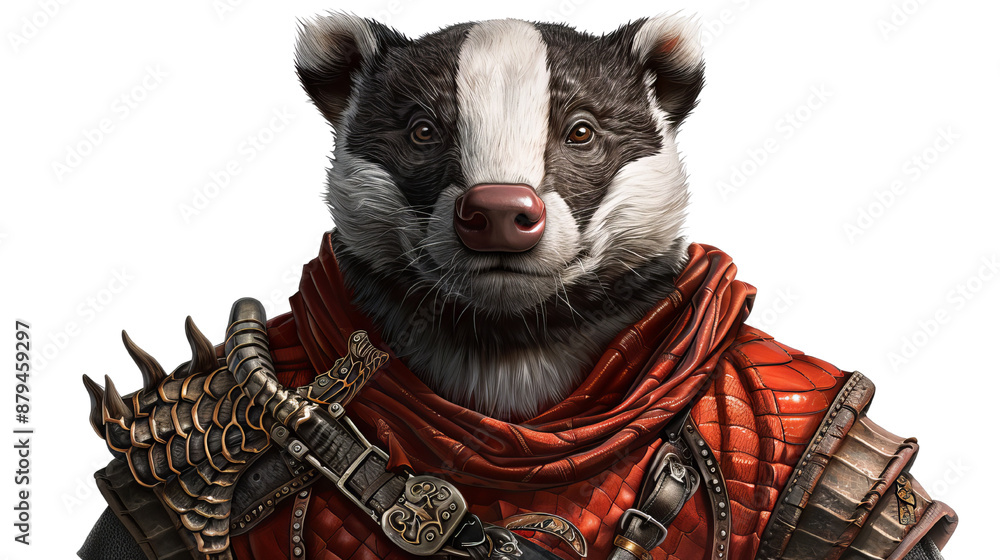 Fantasy badger warrior in detailed armor and red cloak. Character ...