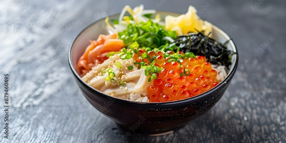 Japanese rice bowl with furikake caviar and assorted toppings served ...
