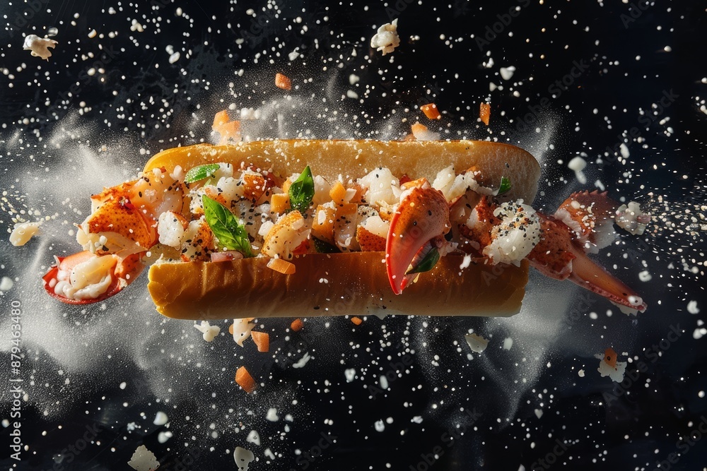 lobster roll meal creation process, ingredients floating gracefully on ...