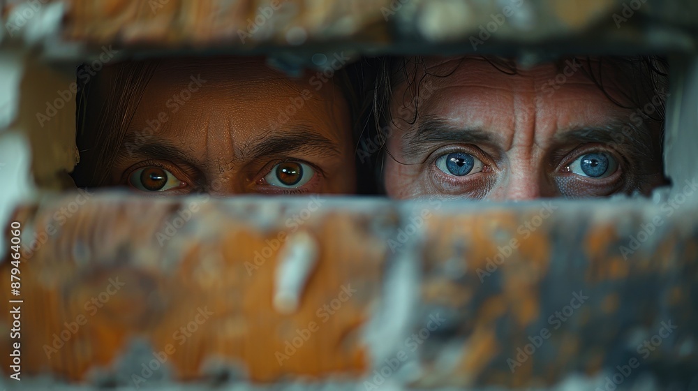 A close-up of looking through a narrow opening in a dilapidated wall of ...