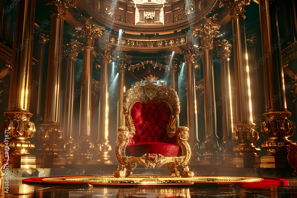 Lavish golden throne room with ornate details and red velvet chair ...
