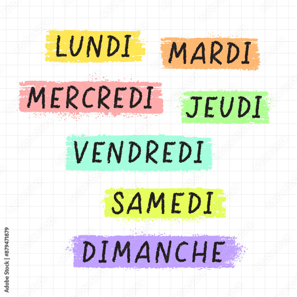 Handwritten names of the days of the week in French. Monday, tuesday ...