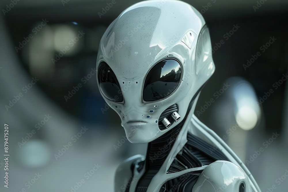 hyperrealistic digital render of alien ufo pilot grey skin large black ...