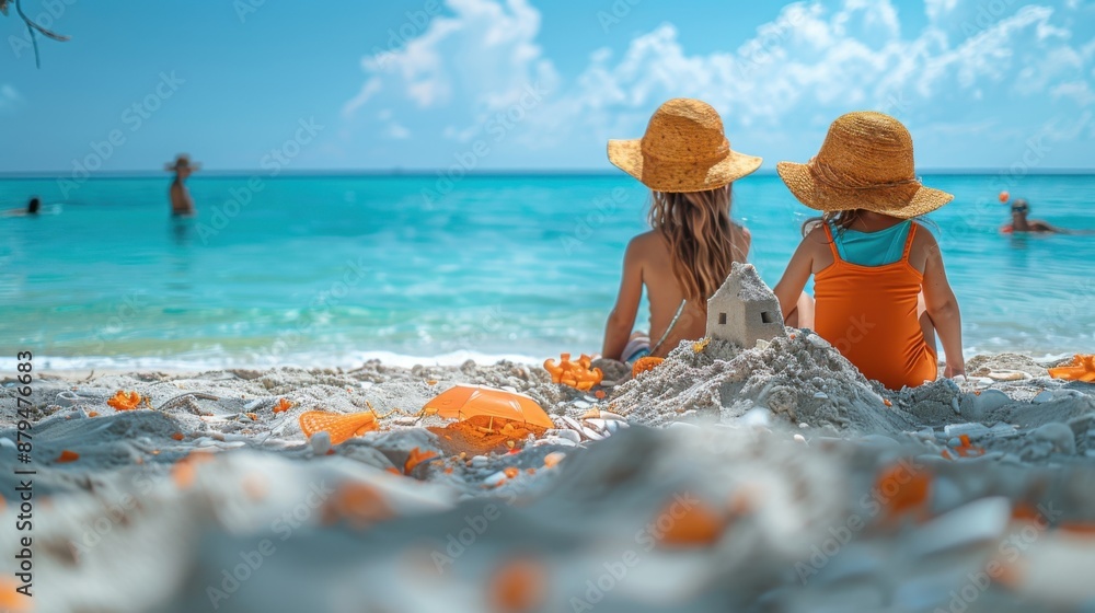 Family Fun in the Sun: Parents Relaxing Under Umbrella, Kids Building ...